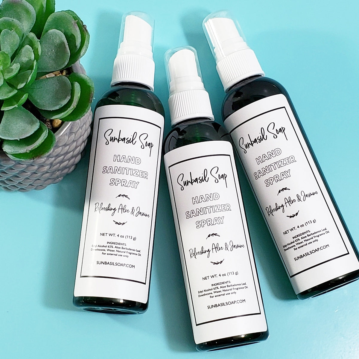 Spray Hand Sanitizer Aloe and Jasmine Scent. 4 oz 70% alcohol at Sunbasil Soap